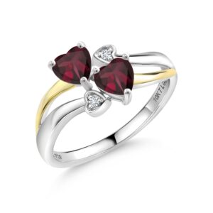 gem stone king 925 silver and 10k yellow gold red rhodolite garnet and white lab grown diamond ring for women (1.12 cttw, january birthstone, heart shape 5mm, size 5)