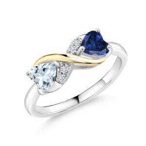 gem stone king 925 silver and 10k yellow gold sky blue aquamarine blue created sapphire & lab grown diamond ring for women | 0.96 cttw | gemstone birthstone | ring size 5-9