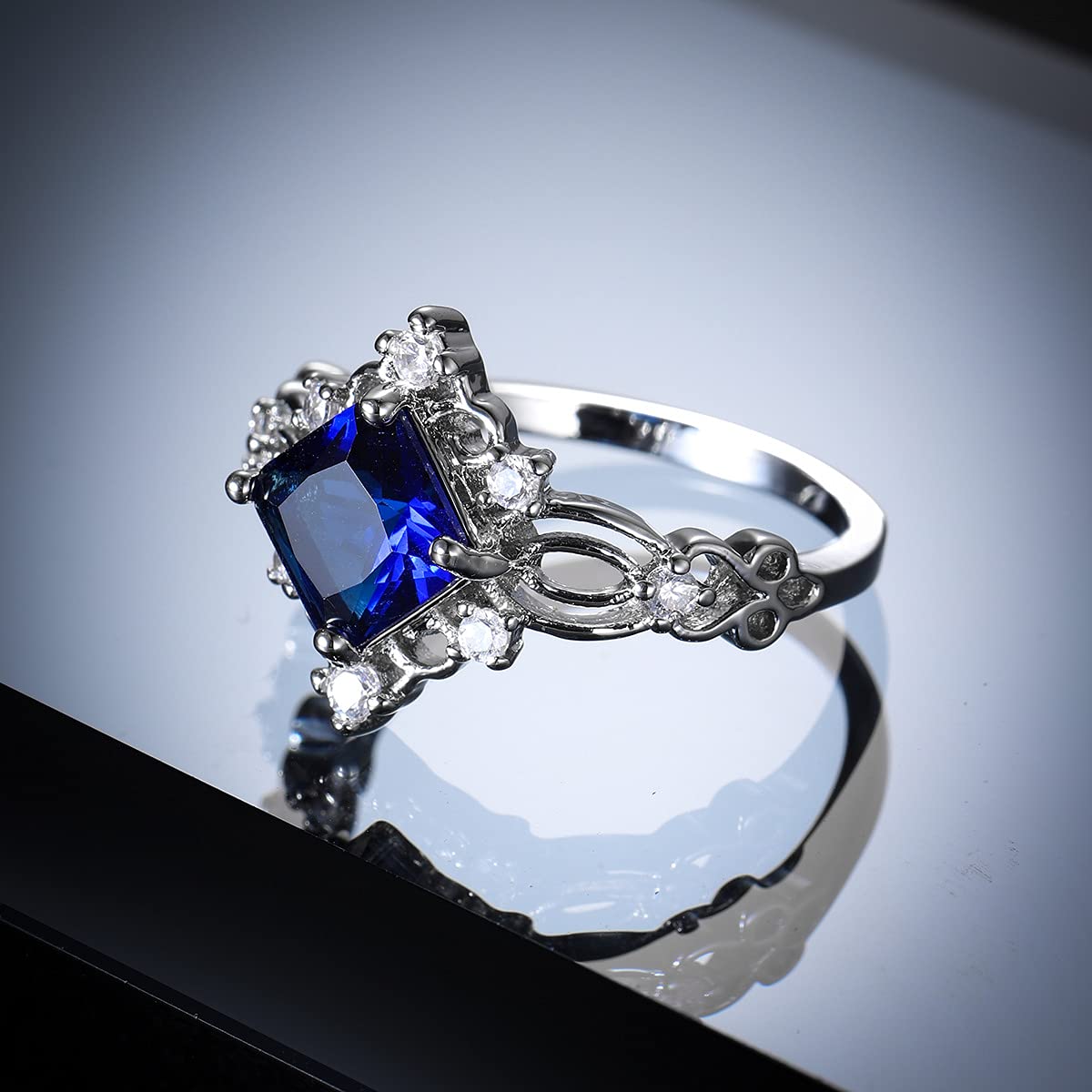 GUIDECUN Princess Cut Women's Created Blue Sapphire Rings Birthstone Solitaire Engagement Ring Filigree Zircon Wedding Ring (US Size 8)