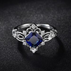 GUIDECUN Princess Cut Women's Created Blue Sapphire Rings Birthstone Solitaire Engagement Ring Filigree Zircon Wedding Ring (US Size 8)