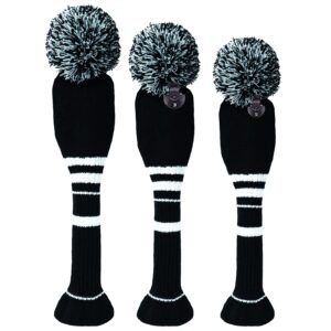 golf club head covers for woods and driver fairway hybrids knit set of 3 or 4 with number tag pom pom clubs headcovers for men women (3 pack-black&white stripes)