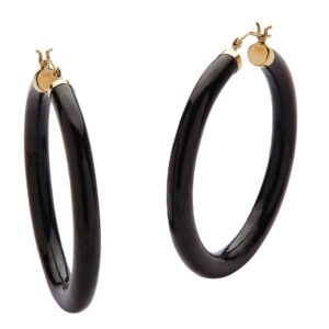 palmbeach 14k yellow gold round genuine black jade hoop earrings (45mm)