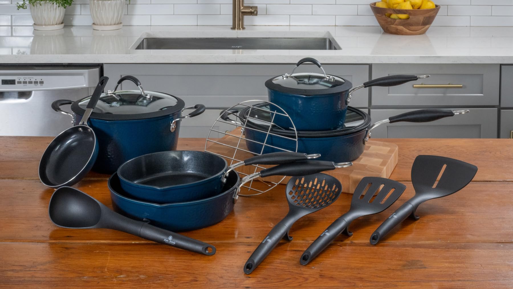 Paula Deen DFCW12SB Family 14 Piece Ceramic Non-Stick Cookware Set 100% PFOA-Free and Induction Ready Savannah Blue