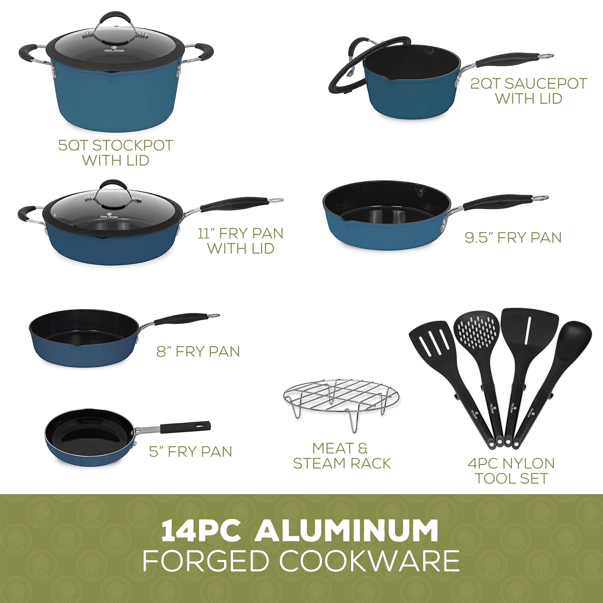 Paula Deen DFCW12SB Family 14 Piece Ceramic Non-Stick Cookware Set 100% PFOA-Free and Induction Ready Savannah Blue