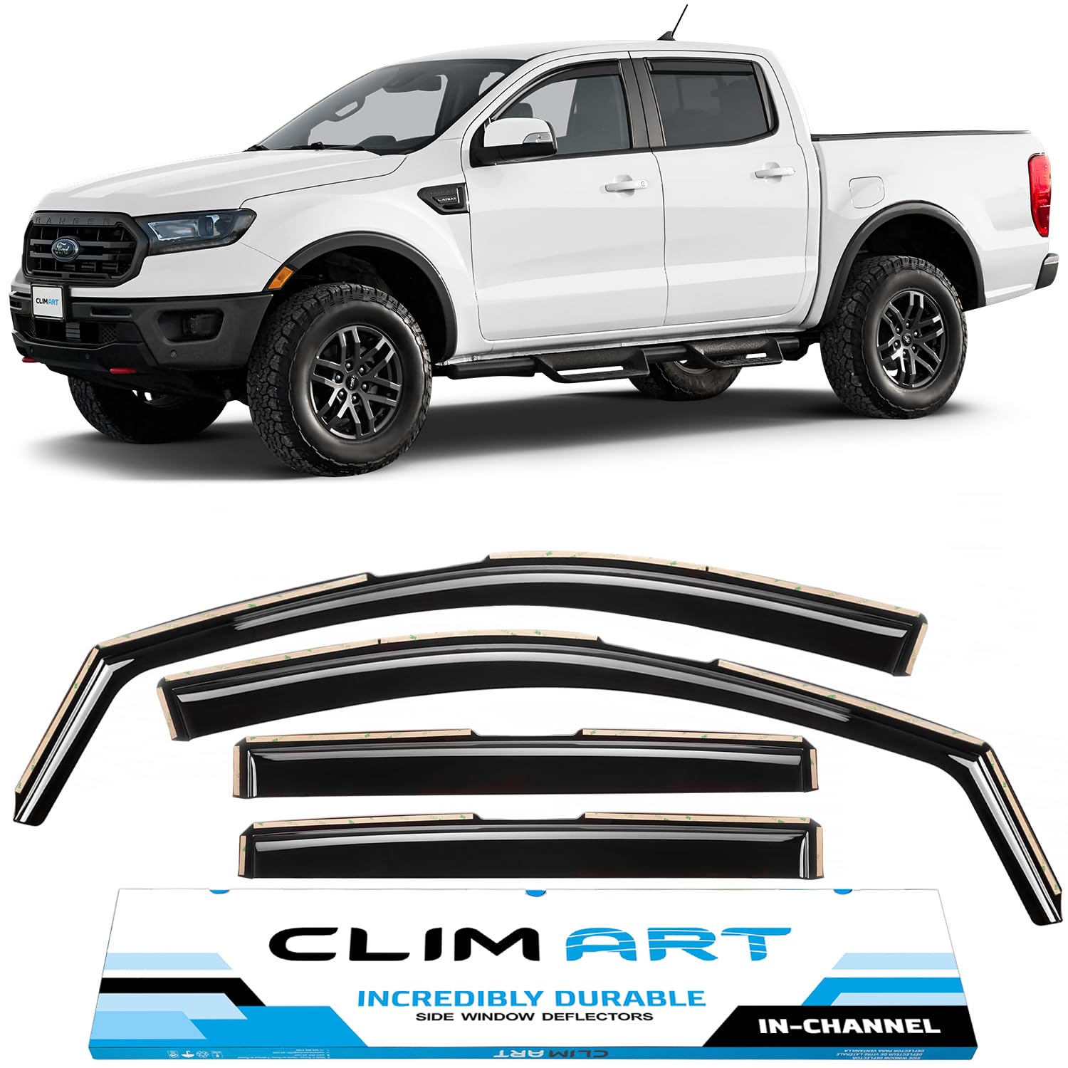 CLIM ART in-Channel Incredibly Durable Rain Guards for Ford Ranger 2019-2023 SuperCrew, Original Window Deflectors, Vent Deflector, Vent Window Visors, Dark Smoke, Truck Accessories, 4pcs - 619124LP