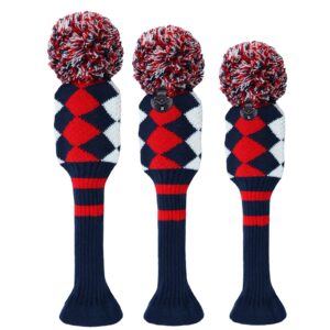 golf club head covers for woods and driver fairway hybrids knit set of 3 or 4 with number tag pom pom clubs headcovers for men women (3 pack-navy blue&red&white argyles)