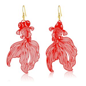 wuweijiajia bohemian lightweight hollow goldfish dangle drop earrings unique long tropical fish earrings for women (red)