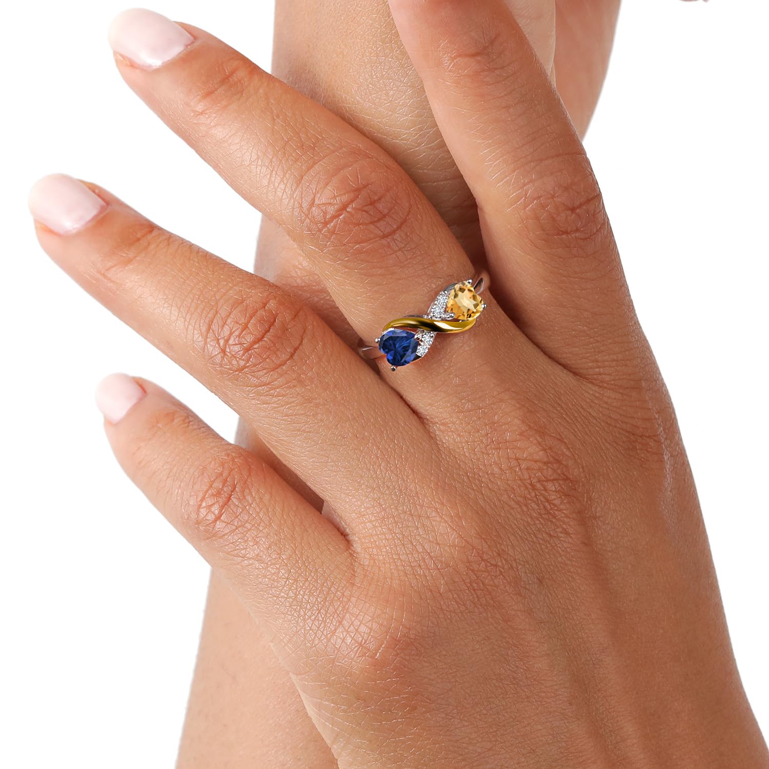 Gem Stone King 925 Silver and 10K Yellow Gold Yellow Citrine Blue Created Sapphire and White Lab Grown Diamond Ring (1.00 Cttw, Gemstone Birthstone, Available In Size 5, 6, 7, 8, 9)