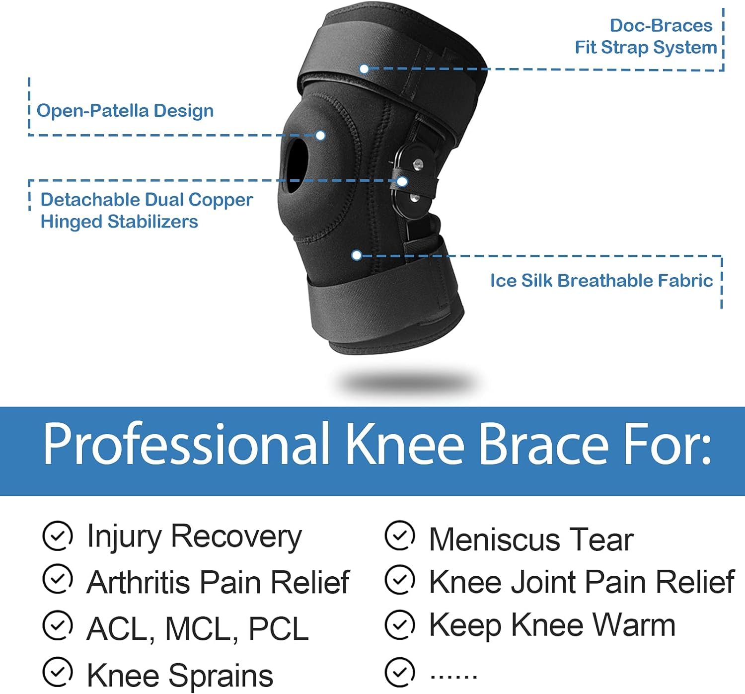 Docbraces Hinged Knee Brace for Knee Pain, Adjustable Compression Knee Support Brace for Men & Women, Open Patella Knee Wrap for Swollen,Meniscus Tear,ACL,PCL,Joint Pain Relief,Injury Recovery