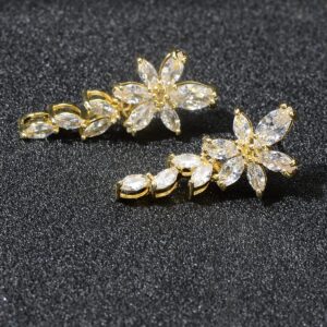 Gold Cubic Zirconia Bridal Earrings - Women’s Marquise CZ Cluster Floral Leaf Crystal Rhinestone Dangle Drop Earring Sterling Silver for Bride Bridesmaids Mother of Bride Party Prom Earrings for Girls