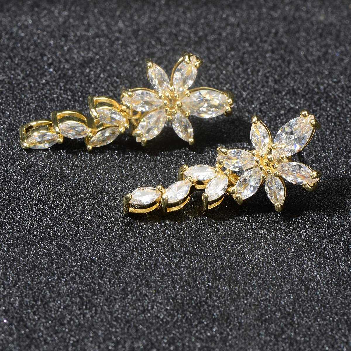 Gold Cubic Zirconia Bridal Earrings - Women’s Marquise CZ Cluster Floral Leaf Crystal Rhinestone Dangle Drop Earring Sterling Silver for Bride Bridesmaids Mother of Bride Party Prom Earrings for Girls