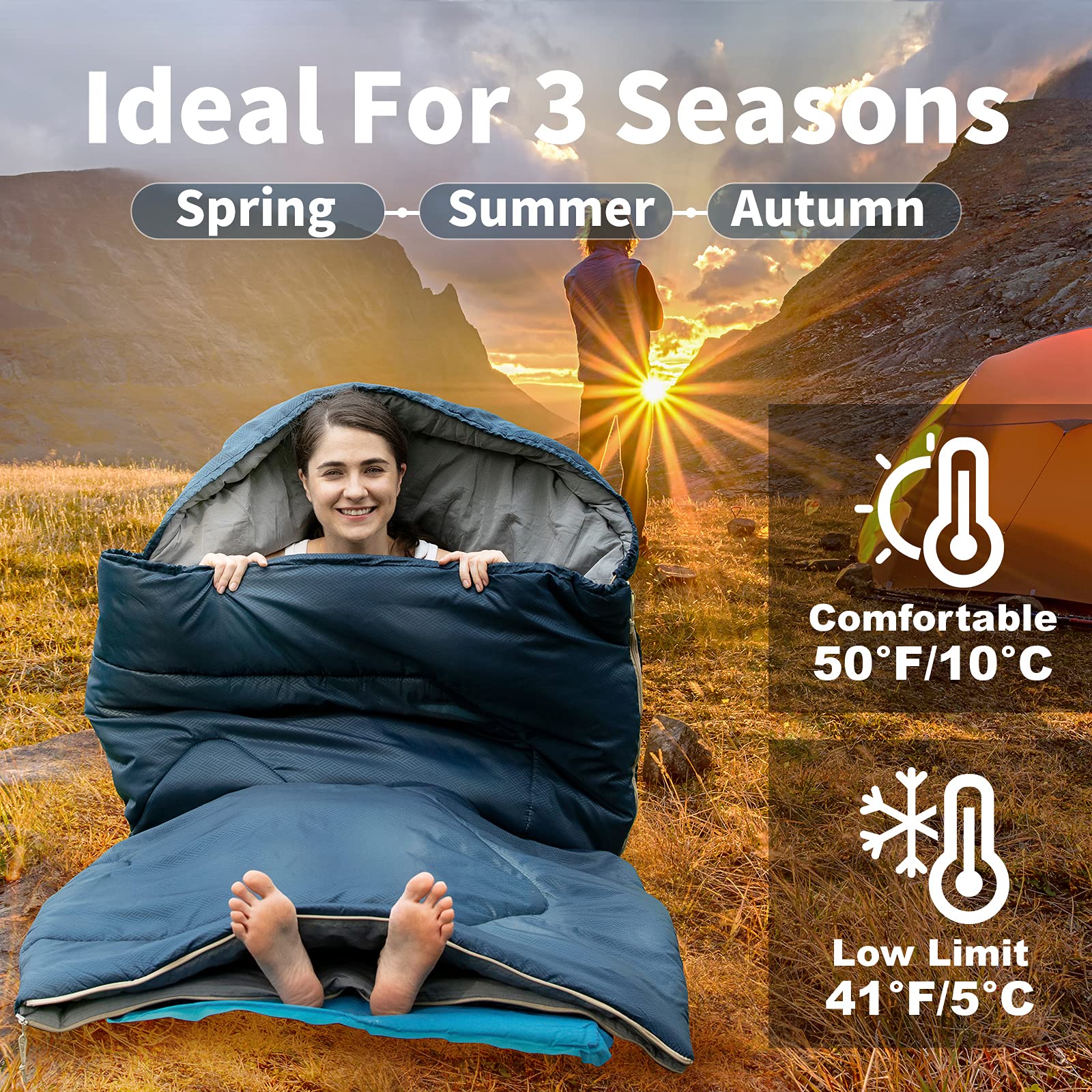 Sleeping Bags 40℉ for Adults & Kids, 87" x 40" Oversized Camping Sleeping Bag - Waterproof, Lightweight, Portable - 3 Season Warm & Cool Weather- Ideal for Hiking Backpacking Camping