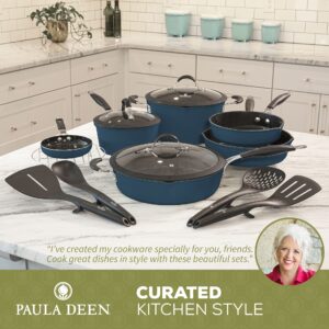 Paula Deen DFCW12SB Family 14 Piece Ceramic Non-Stick Cookware Set 100% PFOA-Free and Induction Ready Savannah Blue