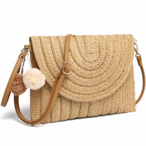 yikoee straw purse for women summer beach woven bag with pompom (khaki)