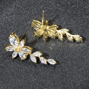 Gold Cubic Zirconia Bridal Earrings - Women’s Marquise CZ Cluster Floral Leaf Crystal Rhinestone Dangle Drop Earring Sterling Silver for Bride Bridesmaids Mother of Bride Party Prom Earrings for Girls