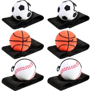 skylety 6 pieces 1.85 inch wrist return ball sports wrist ball includes basketball, baseball and football on a string rubber rebound ball wristband toy for children kids party favor, exercise or play