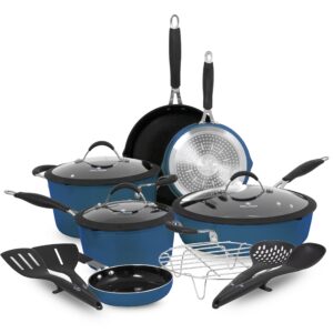 paula deen dfcw12sb family 14 piece ceramic non-stick cookware set 100% pfoa-free and induction ready savannah blue