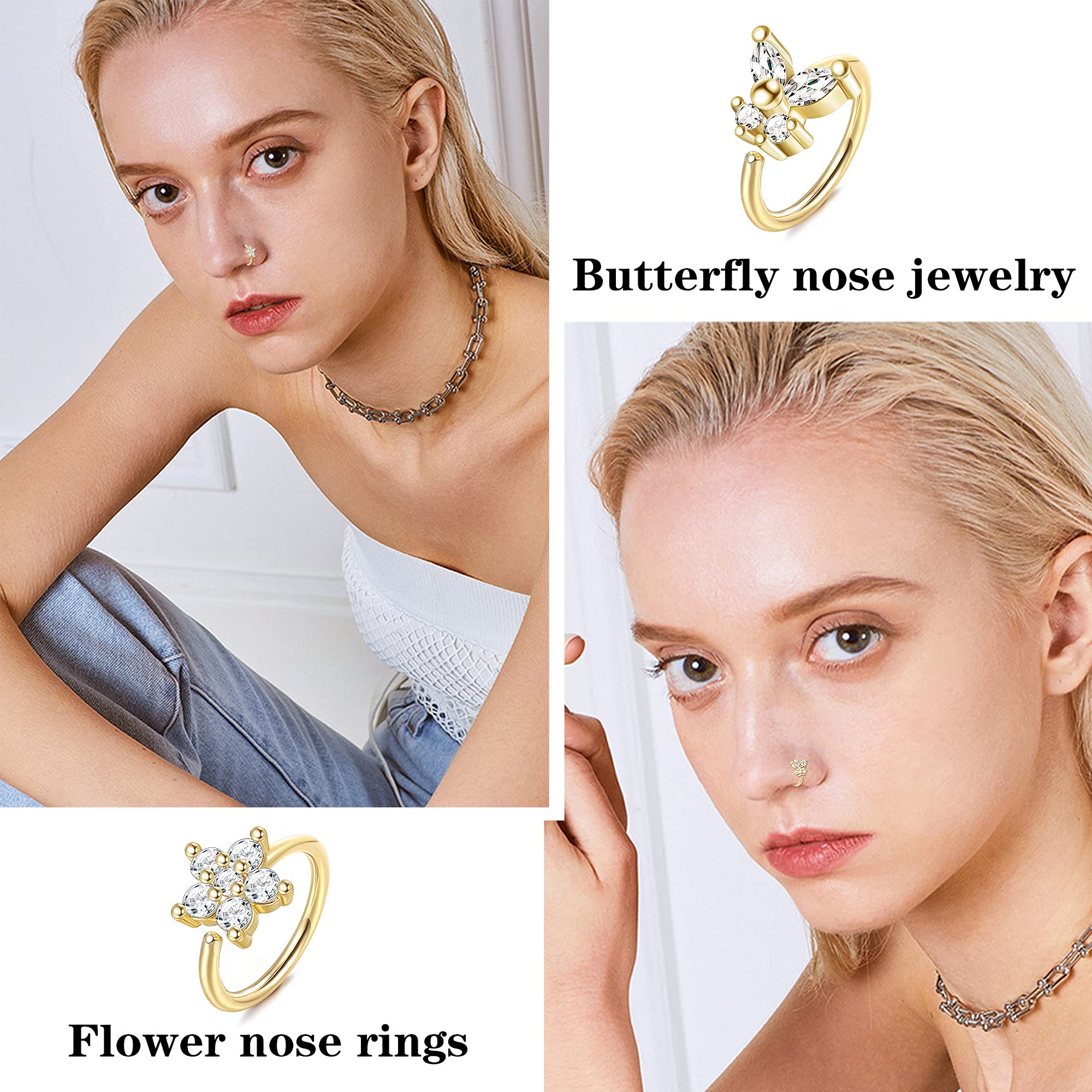 Drperfect 3Pcs 925 Sterling Silver Pin Nose Ring Hoop Paved CZ Flower Butterfly Crown Cartilage Earring for Women Men Ear Piercing Nose Piercing Hoop Body Piercing Jewelry