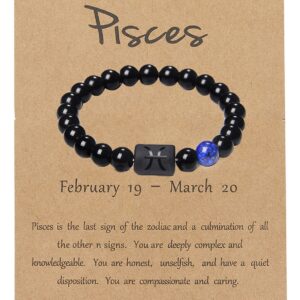 LAKIYOYO Zodiac Bracelet for Men Women Adjustable Natural Black Onyx Stone Bracelet 8mm 10mm Star Sign Constellation Horoscope Bracelet Gifts(pisces 1)