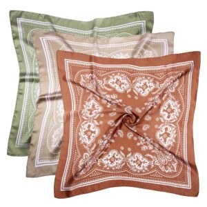 doobo silk head scarf, 3 pcs satin hair scarf set of 27.5 inches, for women girls(brown, khaki, light green)