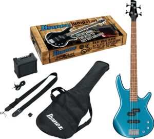 ibanez ijsr190n jumpstart bass metallic light blue w/gig bag, 10w amp, tuner, strap, & cable