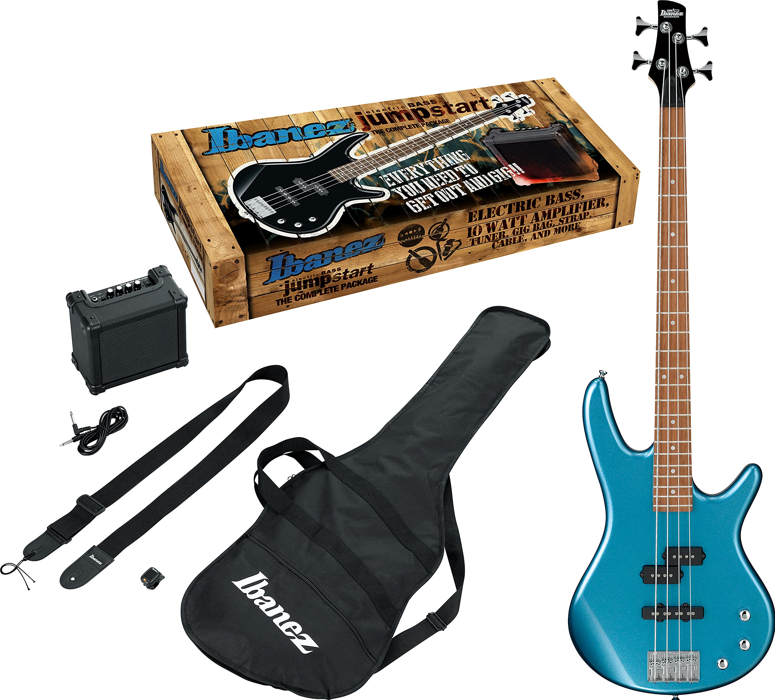 Ibanez IJSR190N Jumpstart Bass Metallic Light Blue w/Gig Bag, 10W Amp, Tuner, Strap, & Cable