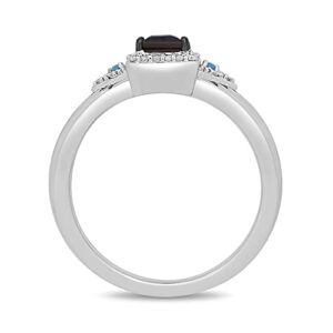 Jewelili Enchanted Disney Fine Jewelry Sterling Silver 4 MM Square Smoky Quartz and 1.25MM Cabochon Round Turquoise with 1/10 Cttw Natural White Round Diamond Pocahontas Ring, Size 7