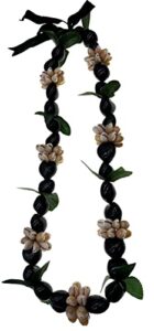 kukui nut necklace lei - with shell & faux green leaf