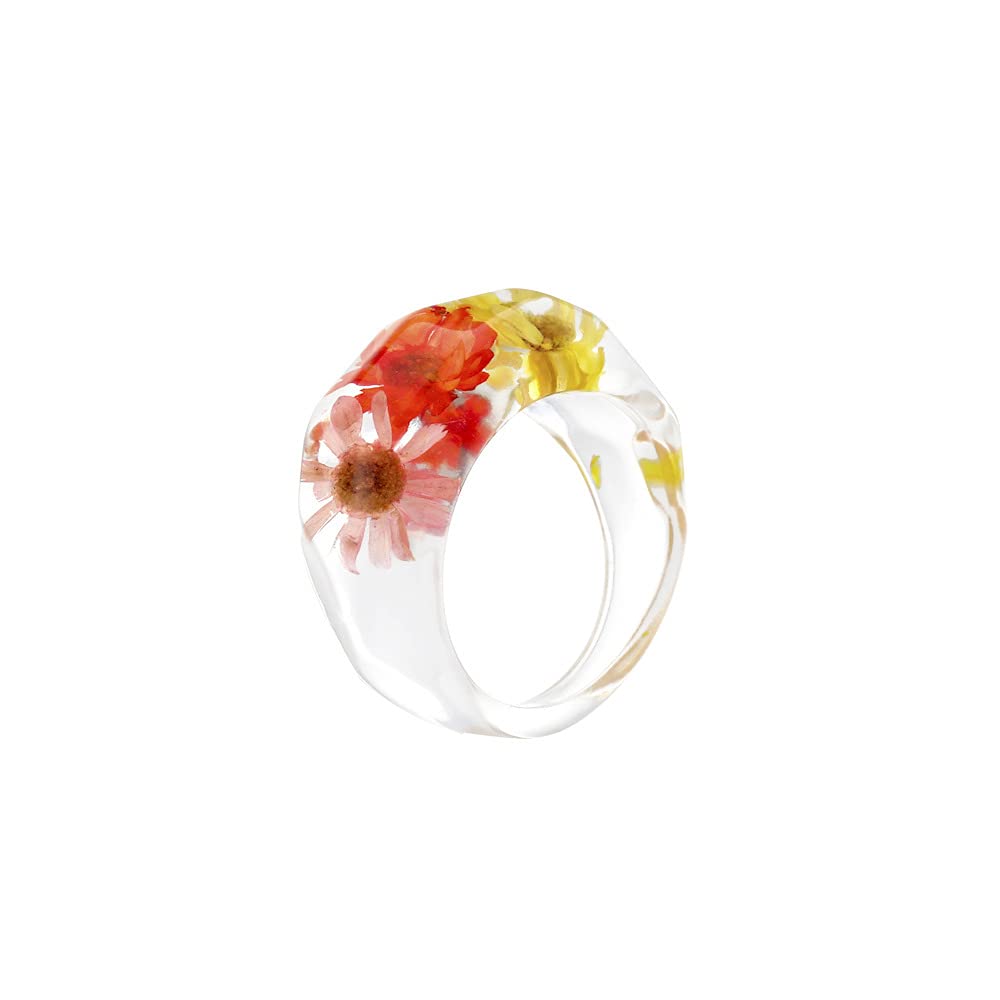 Chunky Acrylic Dried Flower Resin Rings Set Transparent Aesthetic Wide Thick Knuckle Stacking Ring for Women Colorful Beach Colorful Boho Jewelry-5pcs