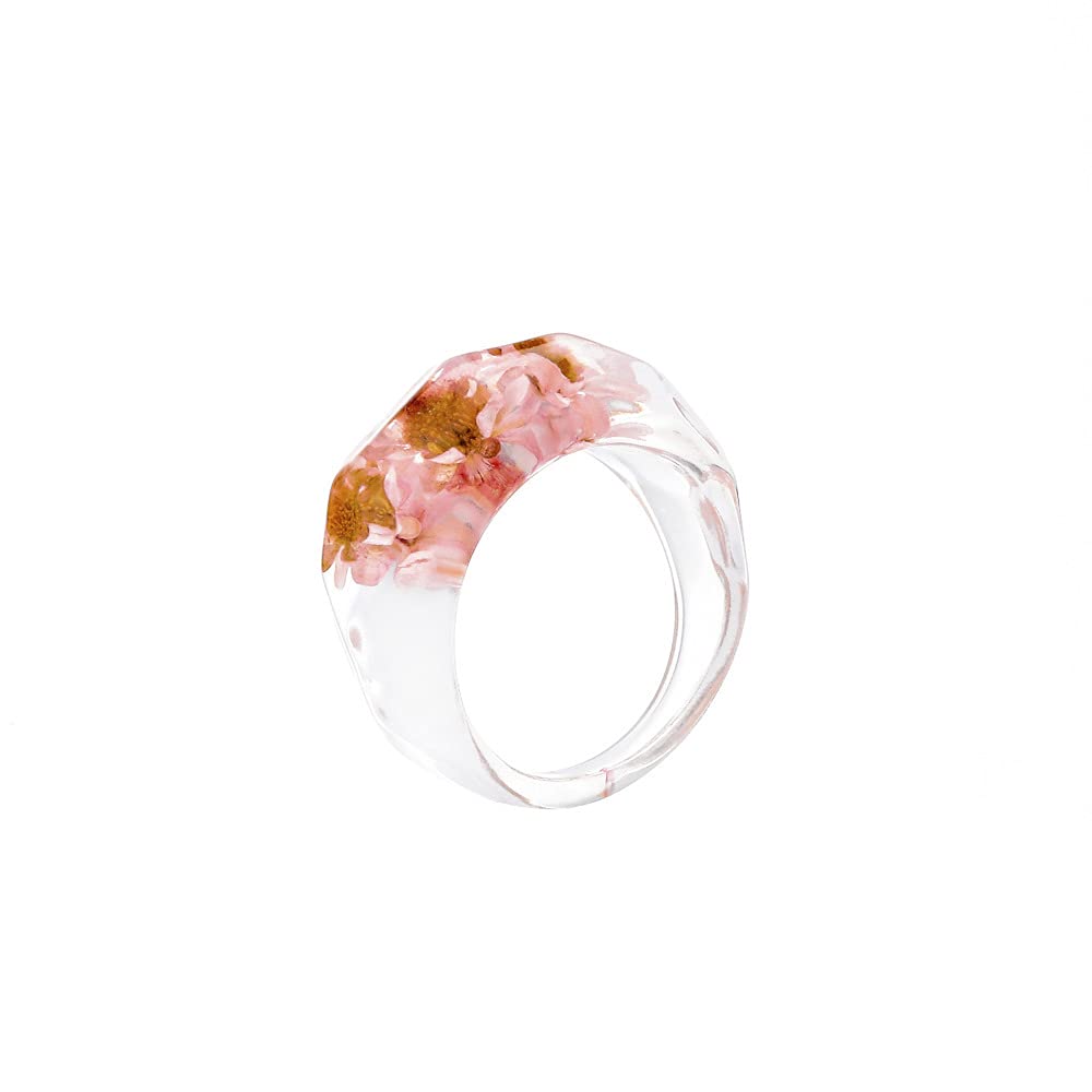 Chunky Acrylic Dried Flower Resin Rings Set Transparent Aesthetic Wide Thick Knuckle Stacking Ring for Women Colorful Beach Colorful Boho Jewelry-5pcs