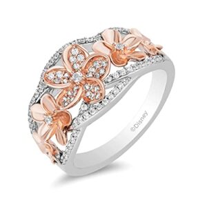 jewelili enchanted disney fine jewelry sterling silver and 10k rose gold 1/4 cttw natural white round diamond moana plumeria flower ring, size 9