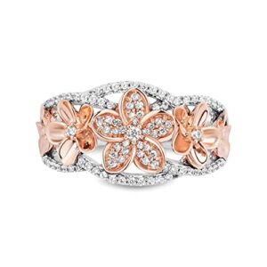 Jewelili Enchanted Disney Fine Jewelry Sterling Silver and 10K Rose Gold 1/4 Cttw Natural White Round Diamond Moana Plumeria Flower Ring, Size 9