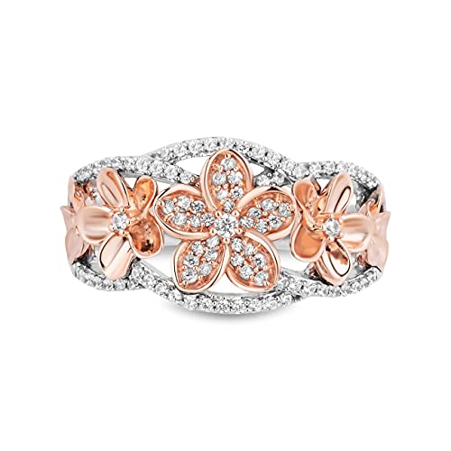 Jewelili Enchanted Disney Fine Jewelry Sterling Silver and 10K Rose Gold 1/4 Cttw Natural White Round Diamond Moana Plumeria Flower Ring, Size 9