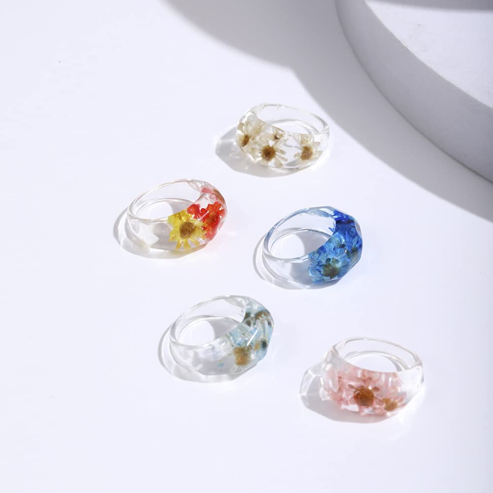 Chunky Acrylic Dried Flower Resin Rings Set Transparent Aesthetic Wide Thick Knuckle Stacking Ring for Women Colorful Beach Colorful Boho Jewelry-5pcs