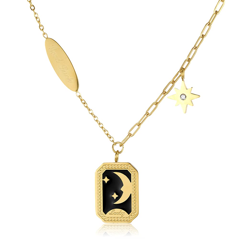 MODAGIRL Good Luck Stainless Steel 18k Gold Plated Moon Star Rectangle Pendant Necklace Retro Black Enamel Clavicle Chain