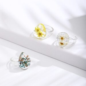 Chunky Acrylic Dried Flower Resin Rings Set Transparent Aesthetic Wide Thick Knuckle Stacking Ring for Women Colorful Beach Colorful Boho Jewelry-5pcs