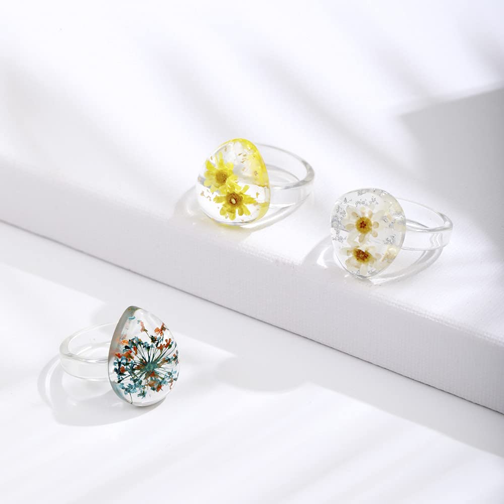 Chunky Acrylic Dried Flower Resin Rings Set Transparent Aesthetic Wide Thick Knuckle Stacking Ring for Women Colorful Beach Colorful Boho Jewelry-5pcs