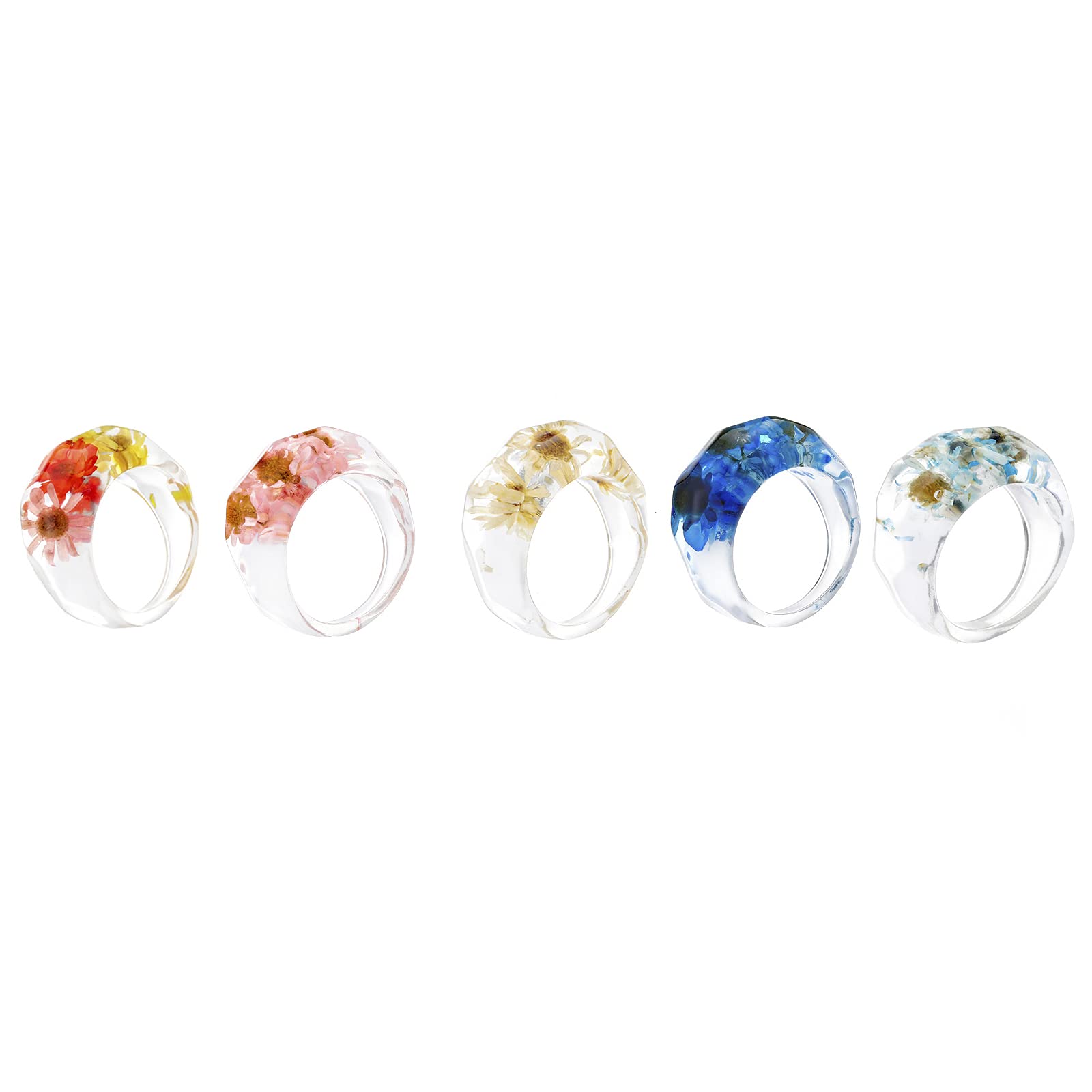 Chunky Acrylic Dried Flower Resin Rings Set Transparent Aesthetic Wide Thick Knuckle Stacking Ring for Women Colorful Beach Colorful Boho Jewelry-5pcs