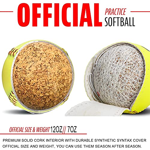 Tebery 6 Pack Yellow Sports Practice Softballs, 12-Inch Official Size and Weight Slowpitch, Unmarked & Leather Covered Training Ball for Games, Practice and Training (Yellow)