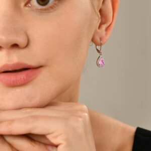 YL Women's Dangle Drop Earrings Sterling Silver Solitaire Leverback Earrings Halo Teardrop Created Pink Tourmaline Jewelry Gifts