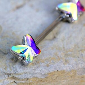 Pierced Owl 14GA Stainless Steel Crystal Aurora Borealis Butterfly Nipple Barbells, Sold as a Pair