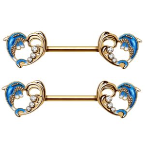 pierced owl 14ga gold plated stainless steel dolphin heart wave nipple barbells, sold as a pair