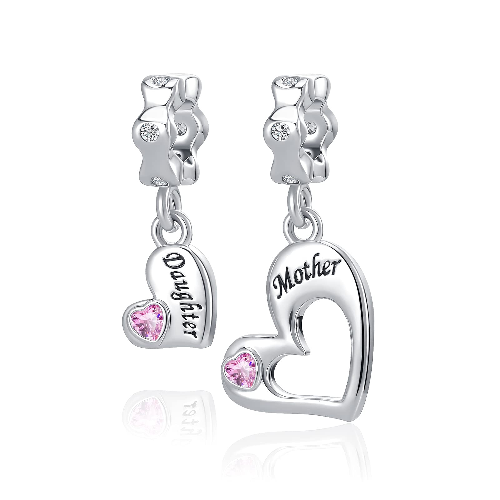 DWJSu Mother Daughter Charms Pandora Mom Charm Bracelet Heart Pink Crystal Dangle Charms for Necklace Bracelets and Charms for Gilrs Women, (DW-DMY023)