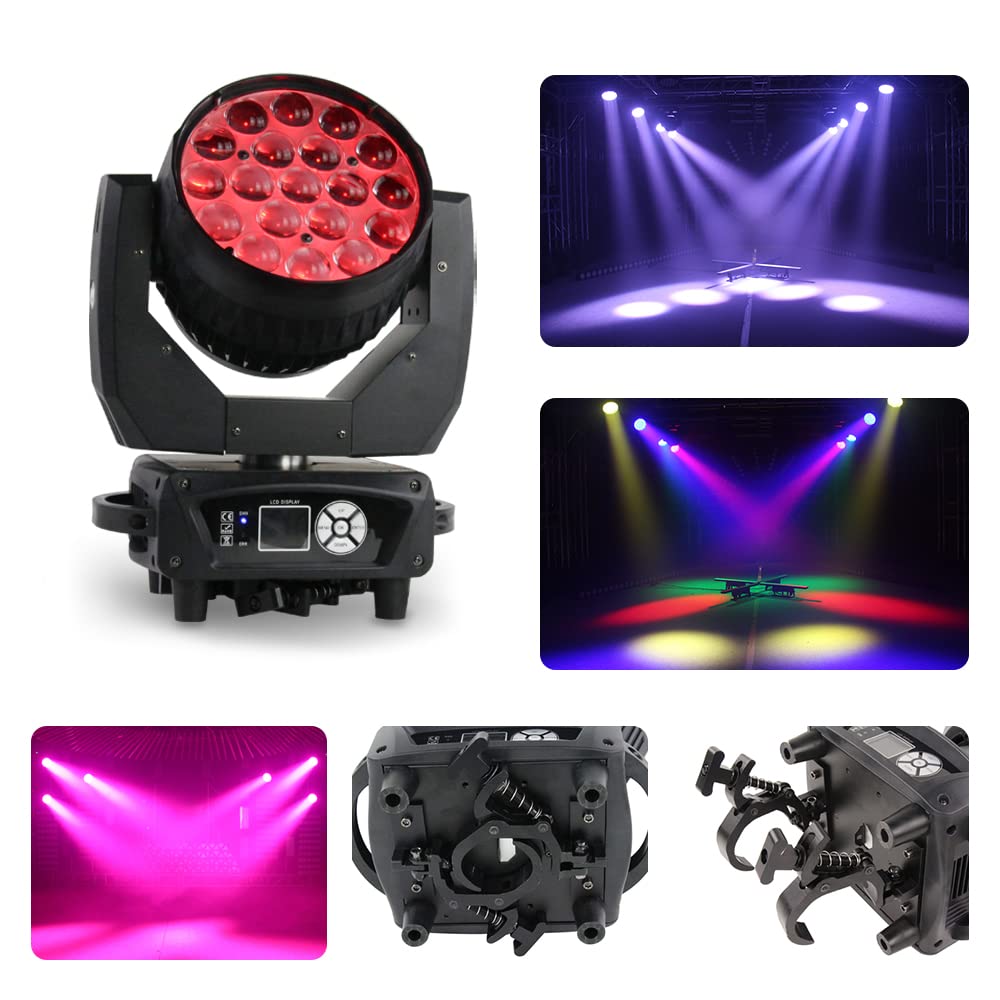 V-Show LED Aura Zoom Moving Head Light with Folding Clamp - 19x15W Beam Zoom Rotating Stage Wash Light, DMX512 Sound Activated Lighting Effect RGBW 4 in1 Dj Disco Club Party