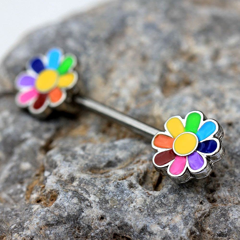 Pierced Owl 14GA Stainless Steel Rainbow Flower Nipple Barbells, Sold as a Pair