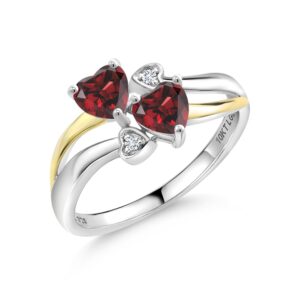 gem stone king 925 silver and 10k yellow gold red garnet and white lab grown diamond ring for women (1.22 cttw, january birthstone, heart shape 5mm, size 7)