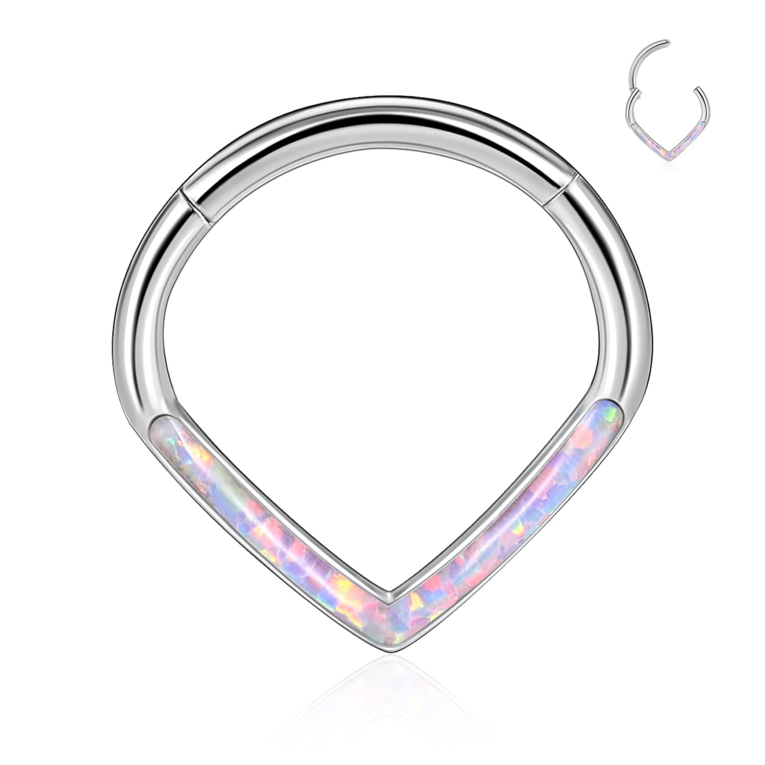 16G Teardrop Purple Opal Septum Clicker Ring Daith Earrings Septum Jewelry Conch Hoop Hinged Segment Ring Silver Surgical Steel Nose Hoop Conch Rook Tragus Helix Earrings Piercing Jewelry 8mm