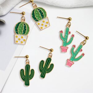 WUWEIJIAJIA 3 Pairs Unique Handmade Lightweight Funny Green Enamel Plant Cactus Dangle Drop Earrings Sets for Women Sweet Creative Potted Plant Stud Earrings (3 Pairs)