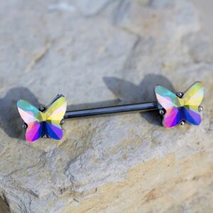 Pierced Owl 14GA Stainless Steel Crystal Aurora Borealis Butterfly Nipple Barbells, Sold as a Pair