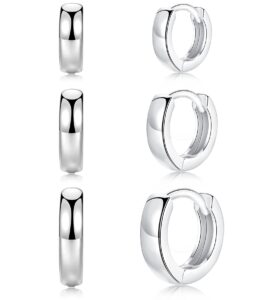 3 pairs small hoop earrings for women men, sterling silver post sleeper cartilage huggie earring set, 3mm in width, diameter in 8mm 10mm 12mm(silver)